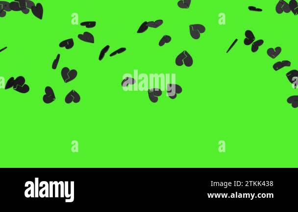 Falling black broken hearts on a green screen background. 3D render ...