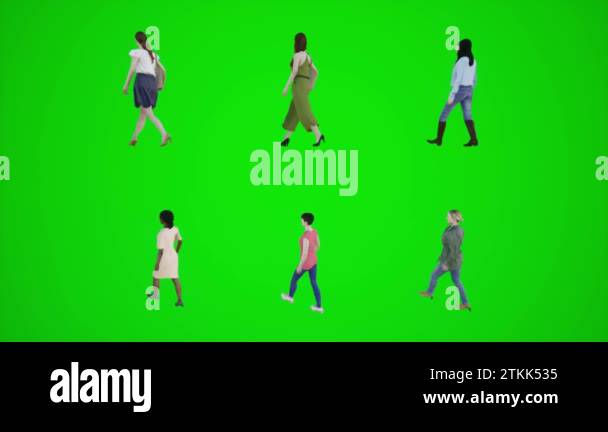 3d green screen six women walking on the sidewalk from three cornered ...