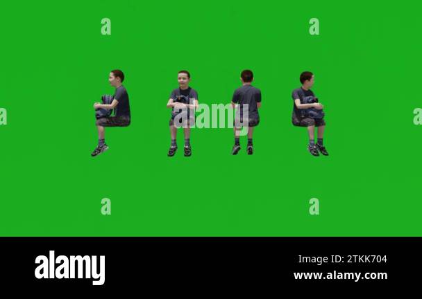 3D american school boy sitting class at school green screen with 4 ...