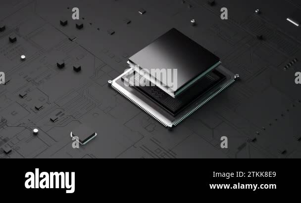 3D Rendering animation of Cpu chip set landing to install on mainboard ...