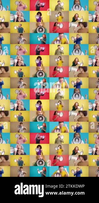 Slow motion video of an infinite mosaic of angry people yelling using a ...