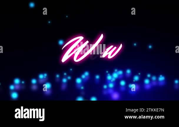 Animation of neon purple wow text banner over blue glowing spots falling against black ...