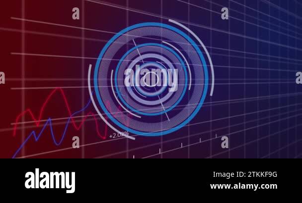 Animation of neon round scanner and statistical data processing against purple gradient ...