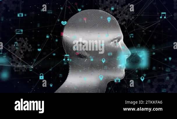 Animation of human face rotating and connected icons forming globe over ...