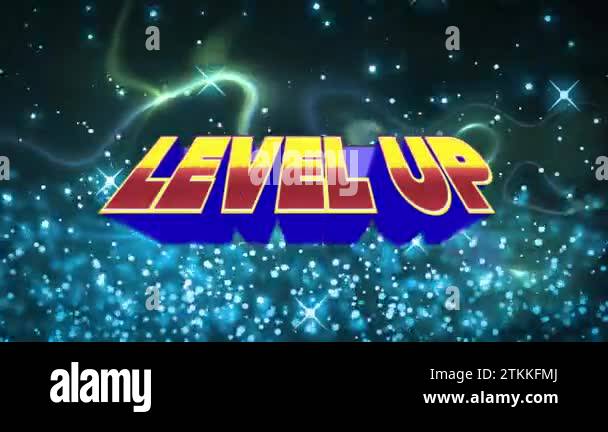 Animation of level up retro text over neon abstract shapes. Global ...