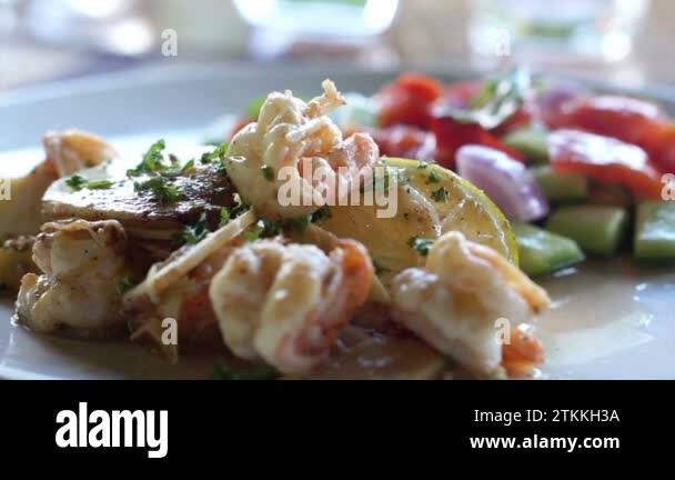 Vegetable stir fry with lemon and shrimp, Prawn seafood dish Stock ...