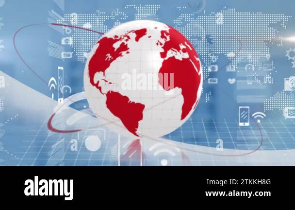Animation of screens with data processing over spinning globe and world ...