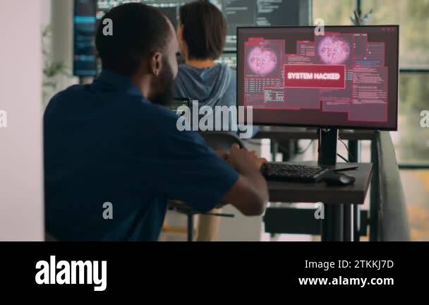 African American It Engineer Writing Code Encountering Hacking Alert On 0873