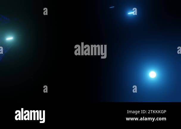 Sci-fi scene with tiny blue lights streaming in curve path on black ...