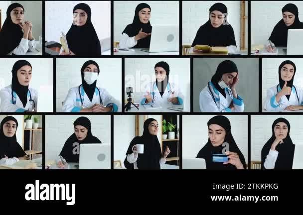 A collage with a Muslim woman doctor at work, with different emotions ...