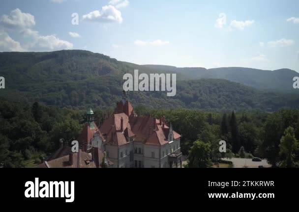 Shooting from a birds-eye view. Aerial view of castle Schonborn is one ...