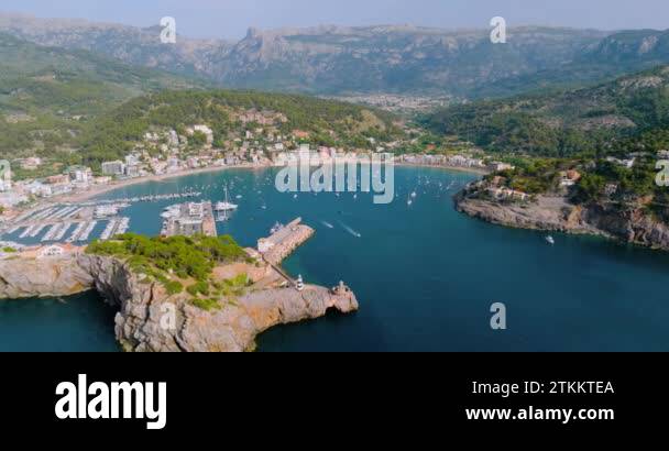 Majorca, Spain. Aerial view of summer resort town Port de Soller on ...
