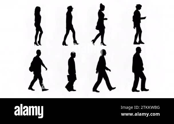 Set of black shape people walking on white background,Isolated men and ...