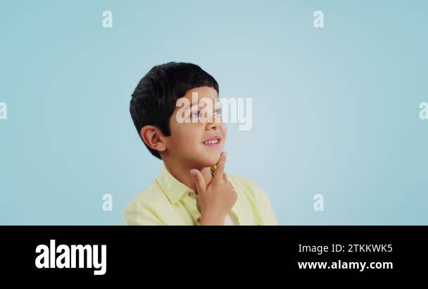 Surprise, boy and child with decision, thinking and brainstorming on a ...