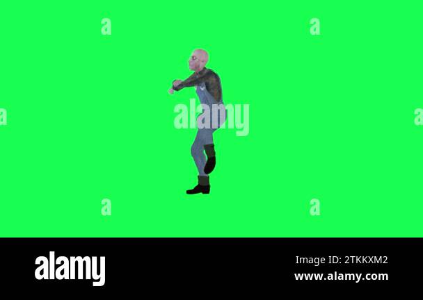 Bald skinny addict man dancing gangnam style right angle green screen ...