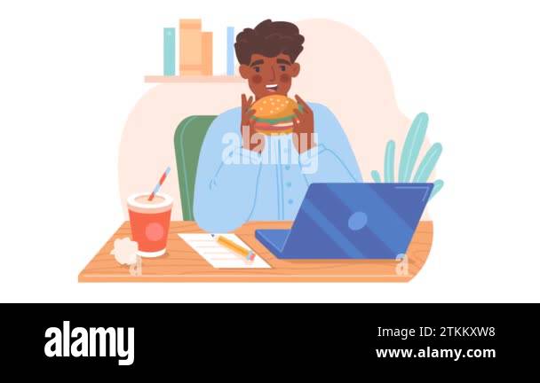 Freelancer eating food at workplace video concept. Moving busy male ...
