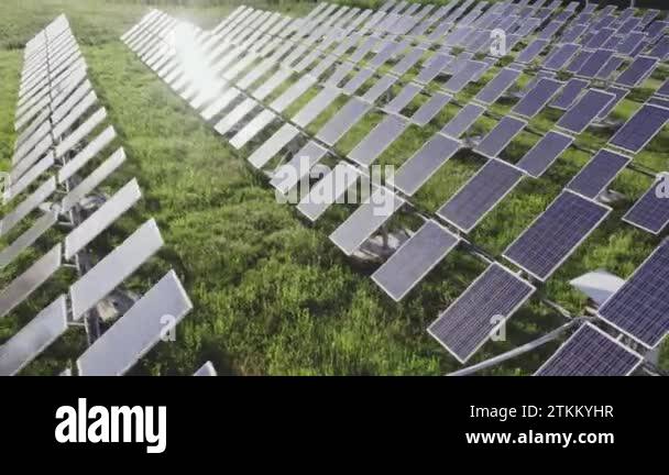 Taking video with drone birds eye view at solar power station farm in ...