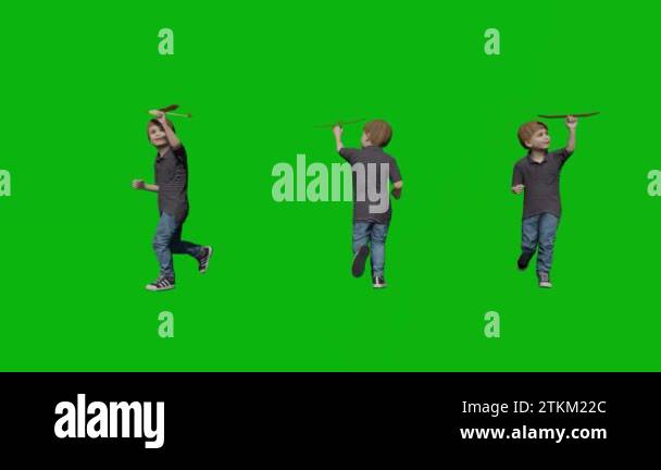 kid boy rune and walk game green screen people render animation Stock ...