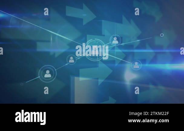 Animation of profile icons connecting with lines and lens flare over arrows. Digitally generated ...