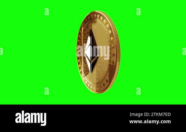 Ethereum ETH cryptocurrency isolated gold coin on green screen loopable ...