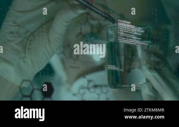 A digital animation of data processing, with a scientist pouring liquid ...