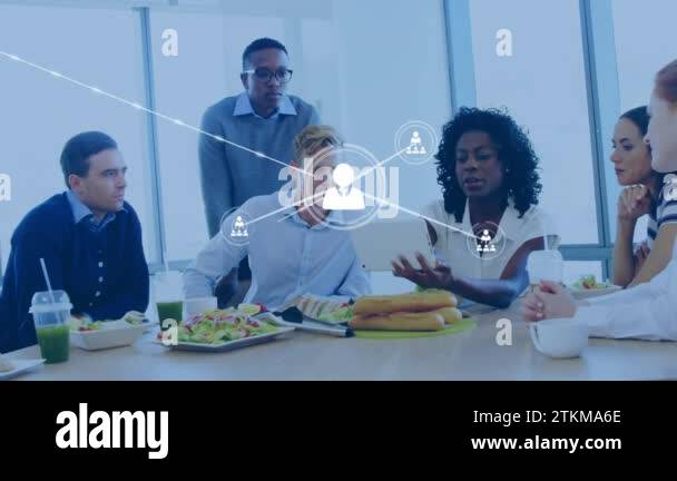 Animation of connected people icons over diverse woman explaining ...