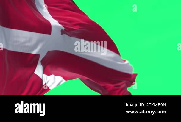 Denmark national flag waving in the wind isolated on green background ...