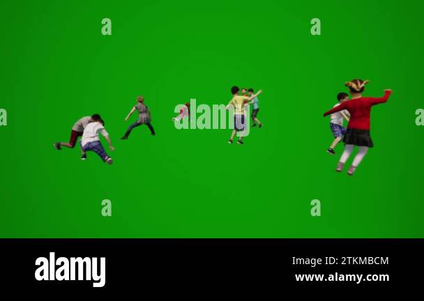 3D playing children green screen while jumping and playing as group ...