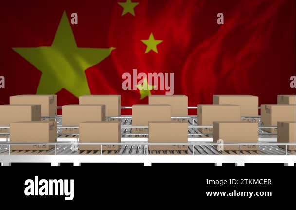 Animation of cardboard boxes on conveyor belts over flag of china ...