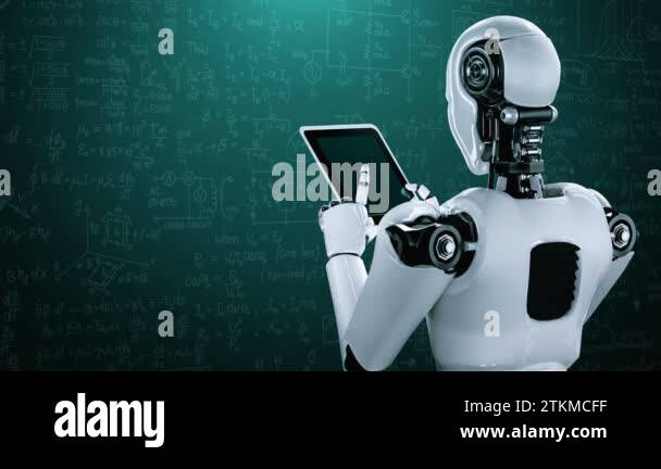Robot hominoid using tablet computer for engineering science studying using AI thinking brain ...