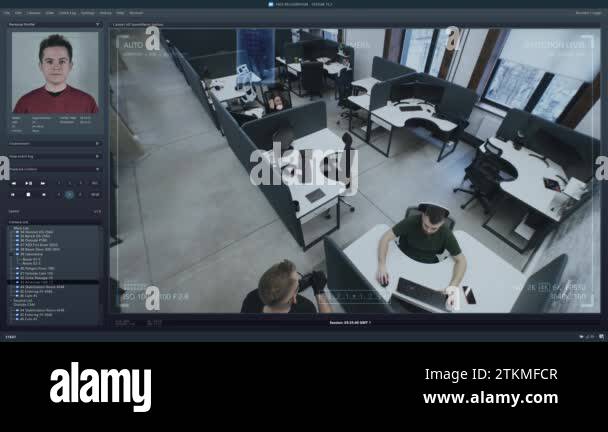Playback office CCTV camera on computer. People work in coworking ...