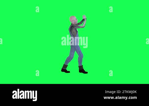 Scary animated bald man dancing tut hip hop isolated back angle green ...