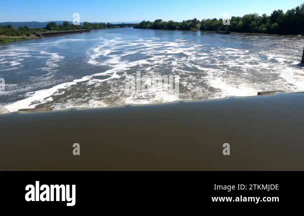 Strong current in the Danube river after opening the overflow at a lock ...
