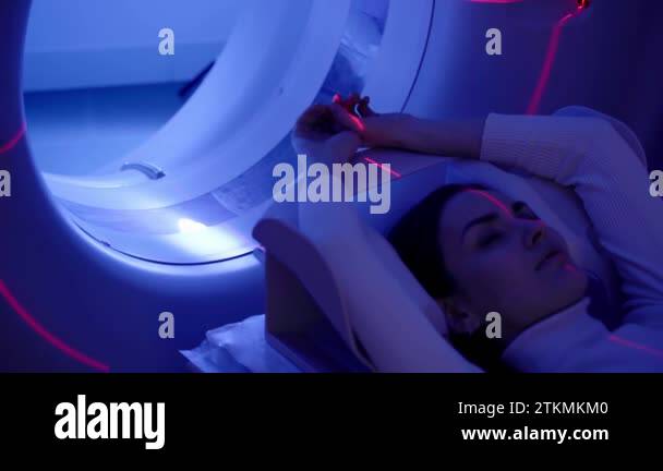 4k video CT scanning of abdomen of woman in medical clinic. Girl ...