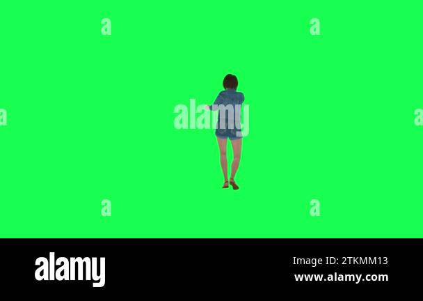 Animated girl in jeans dancing salsa front angle isolated green screen ...