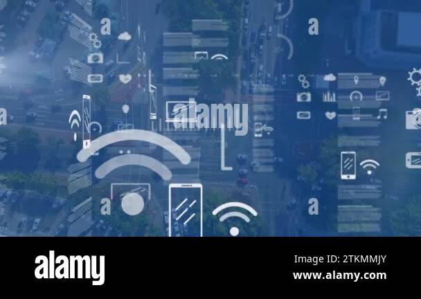 Animation of graphs, icons and data over aerial view of moving vehicles ...