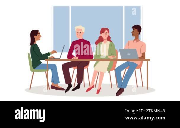 Office staff. Moving male and female employees of company discussing ...