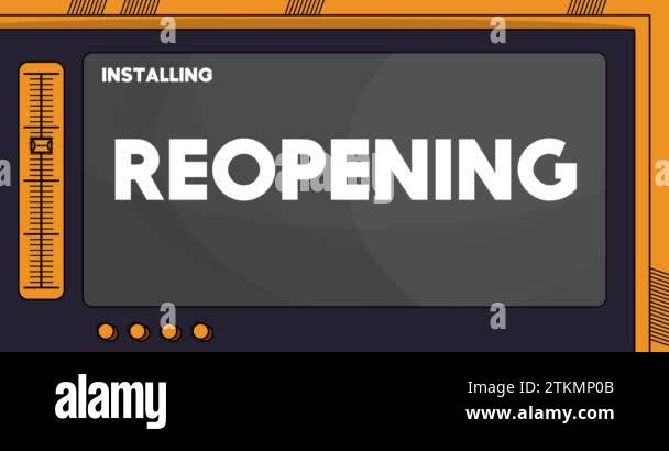Cartoon Computer With the word Reopening. Video message of a screen ...