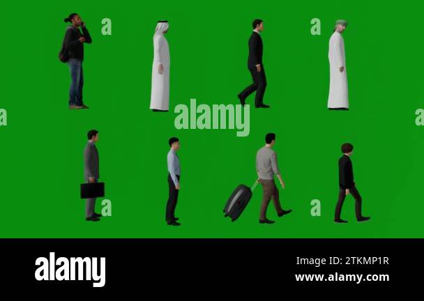 3D several male foreign tourists from different countries green screen ...