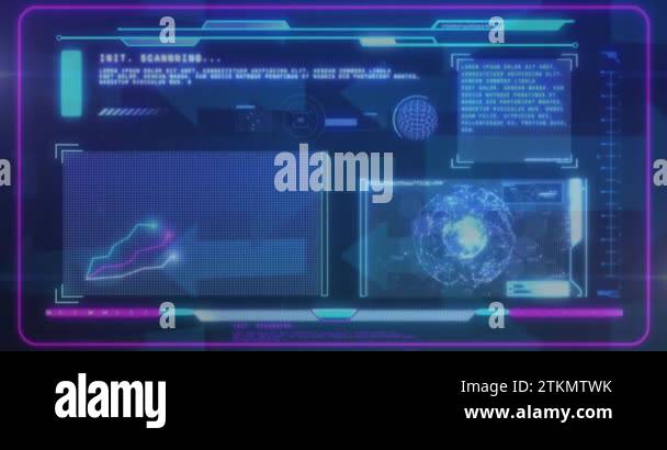 Animation of interface with data processing over multiple arrow icons moving against blue ...