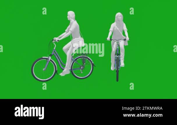 European girl green screen employee 3D riding bicycle the city without ...