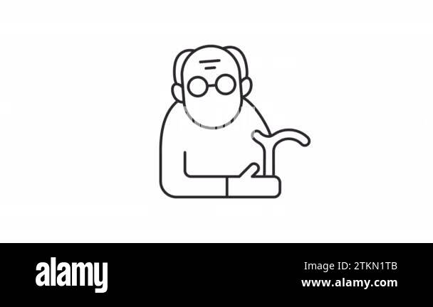 Animated senile man linear icon. Weak senior male. Geriatric care. Age ...