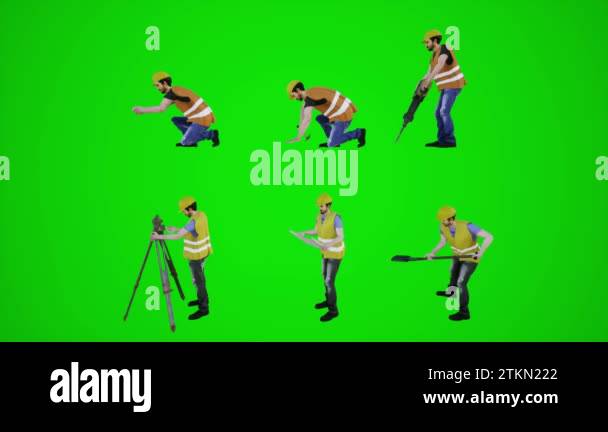 3d green screen construction workers measuring hammering taking ...