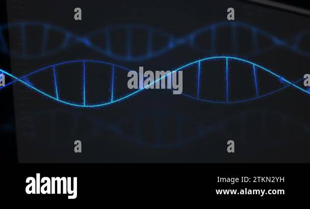 Animation of illuminated blue dna helix moving against black background ...