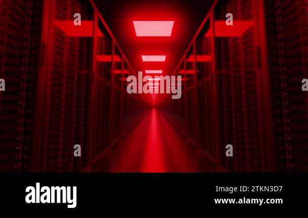 Servers racks in danger in modern server room database illuminated with ...