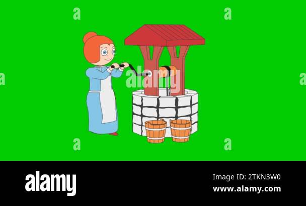 Cartoon woman using a well. Animation of a housewife drawing water from ...