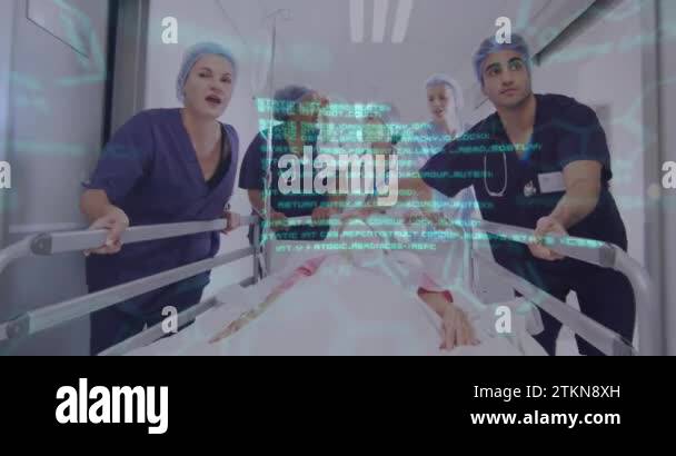 Animation of medical data over diverse female and male doctors pushing ...