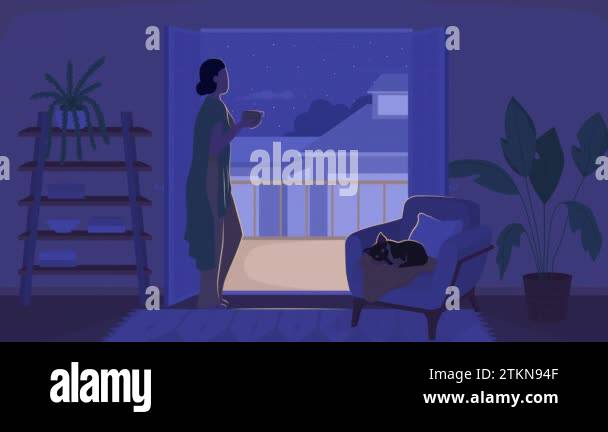 Animated alone on cozy night loader. Lady with cup admire view from ...