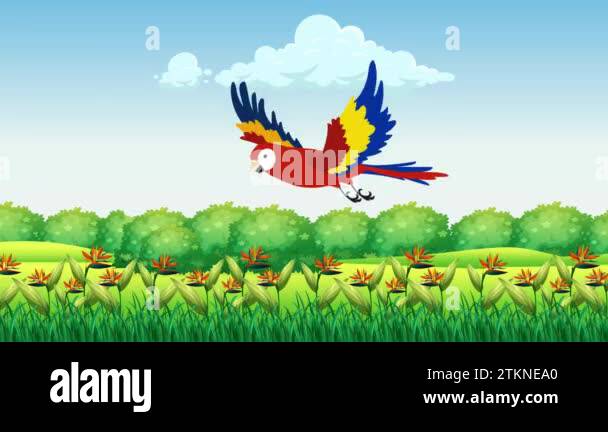 Colorful Bird Parrot Flying In Animated Forest Background With Camera ...