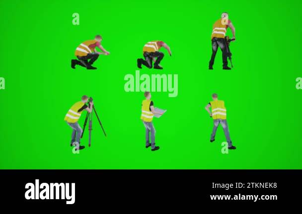 3d green screen construction workers measuring pounding with hammer ...